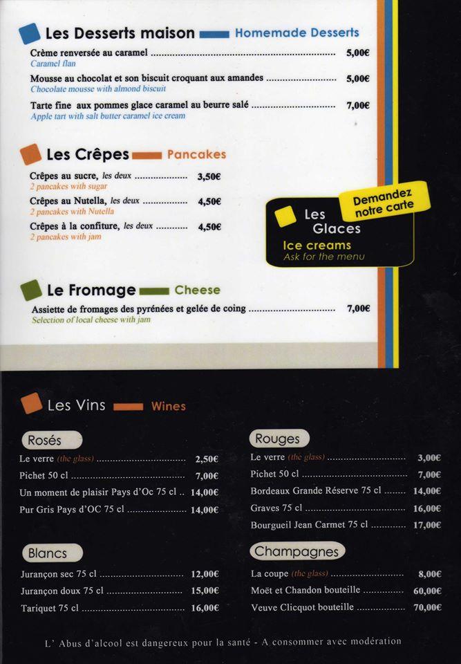 Menu au L'Embarcadère, Lourdes, Chem. du Lac