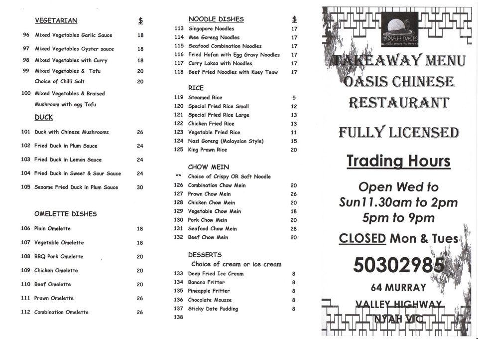 Menu at NYAH OASIS BAR CHINESE RESTAURANT AND ROADHOUSE, Nyah