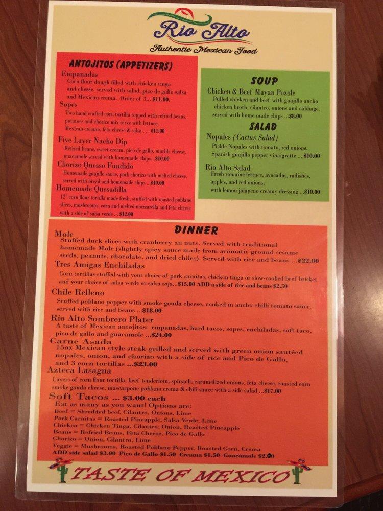 Menu at Rio Alto Authentic Mexican Food restaurant, High River