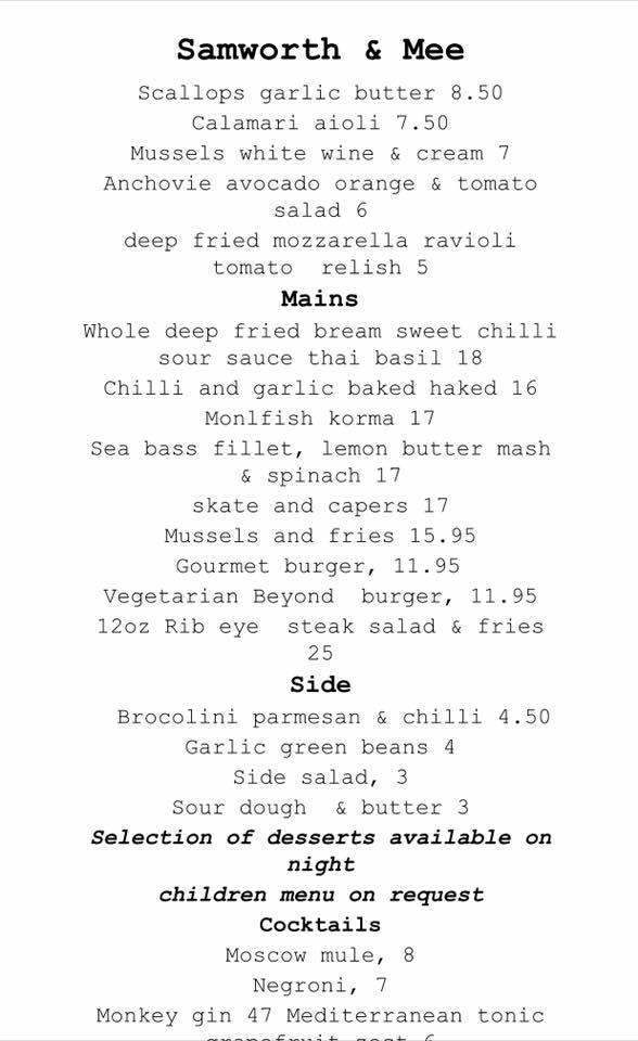 Menu at Samworth & Mee restaurant, Broadstairs