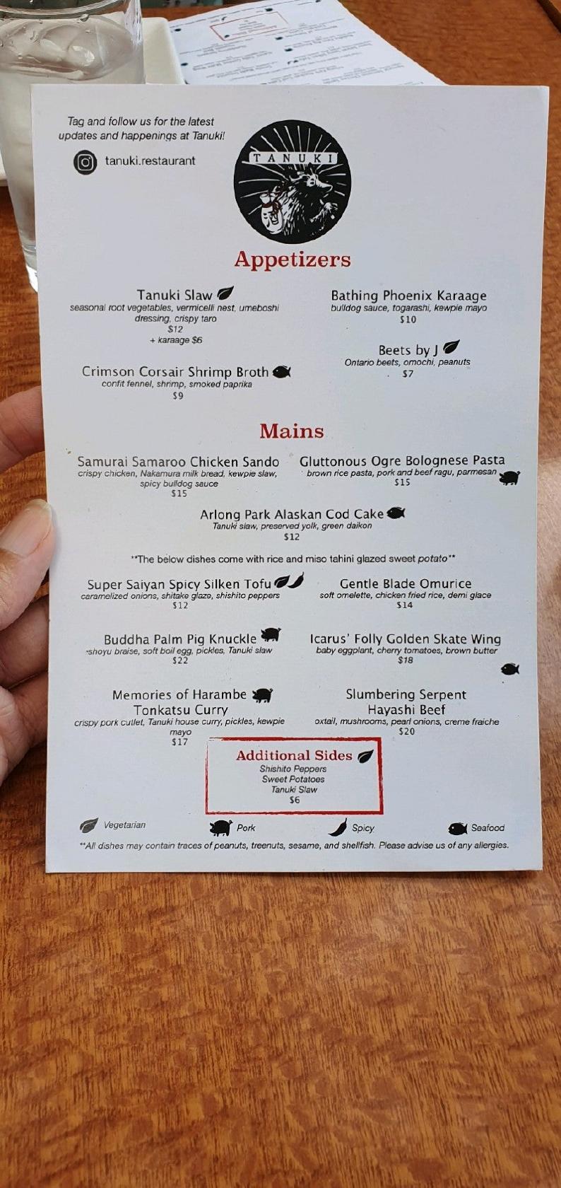 Menu at Tanuki Restaurant, Markham