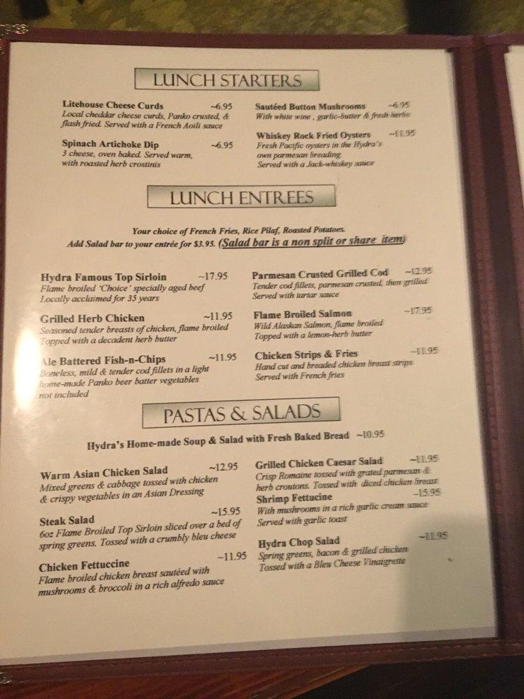 Carta de The Hydra Steakhouse, Sandpoint