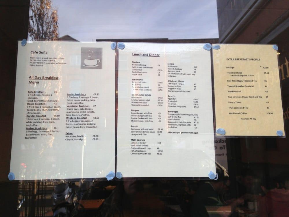 Menu at Cafe Sofia, Dublin