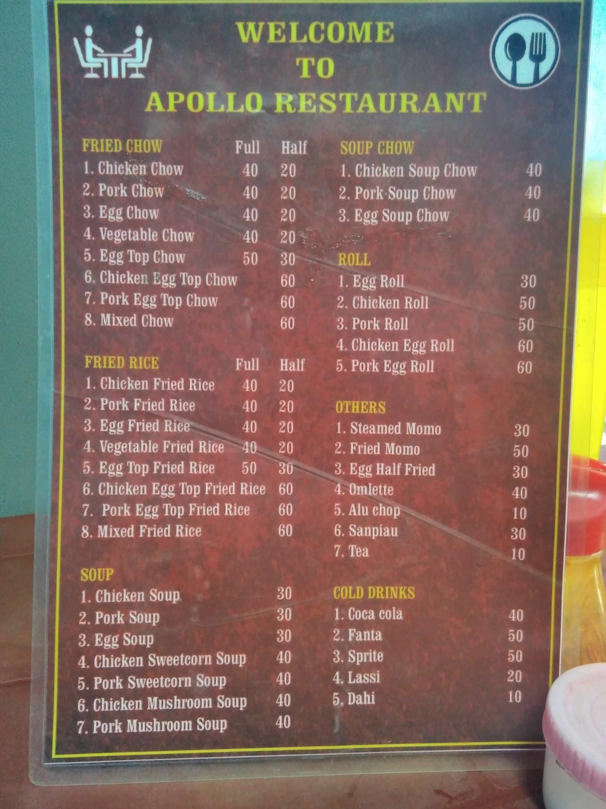 Menu at Apollo Restaurant, Aizawl
