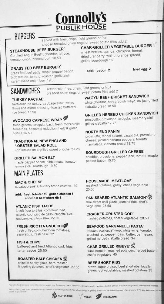 Carta de Connolly's Publik House, Boston, 1 Hotel Dr