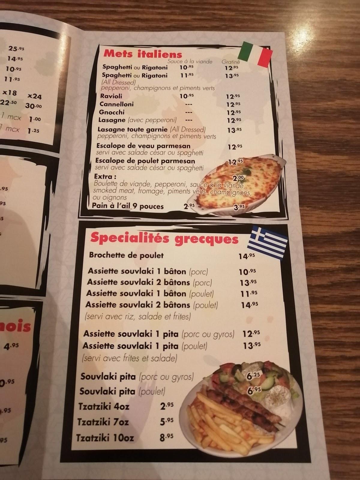 Menu au Restaurant Diamond, Saint-Eustache