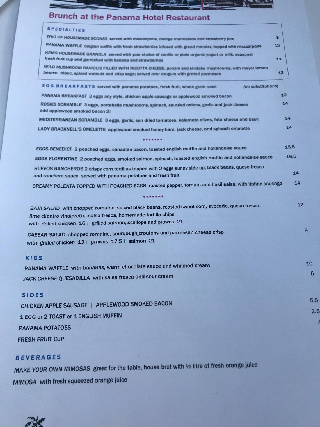 Menu at Panama Hotel restaurant, San Rafael