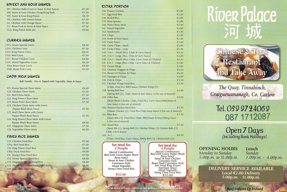 Menu at River Palace restaurant, Ireland