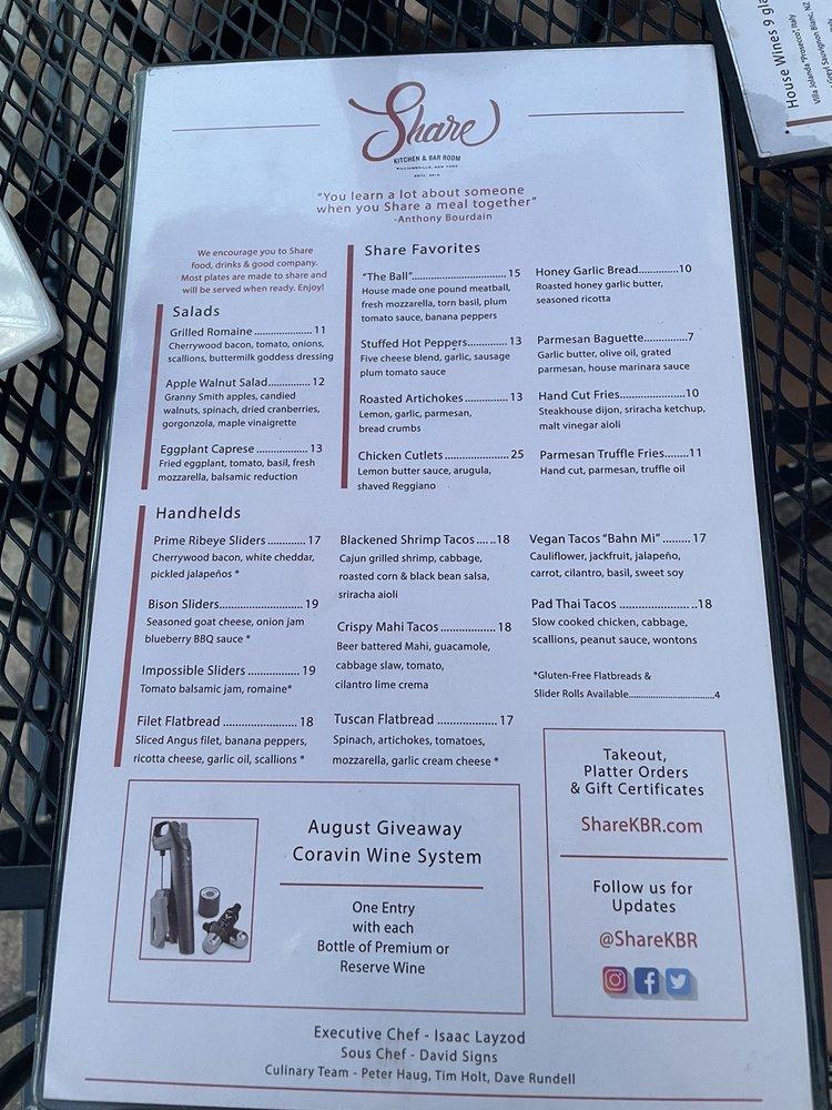 Menu at Share Kitchen & Bar Room, Williamsville