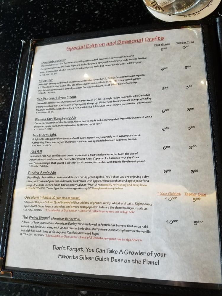 Menu at Silver Gulch Brewing & Bottling pub & bar, Anchorage, Ted ...
