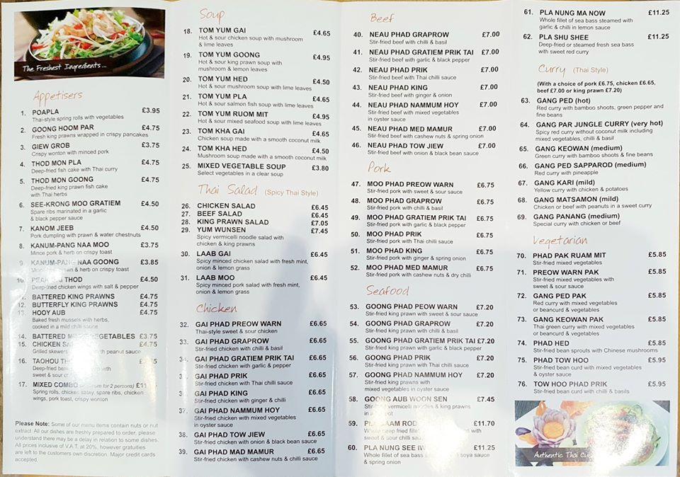 Menu at Thai By Night restaurant, Poulton-le-Fylde, 3-5 Tithebarn St