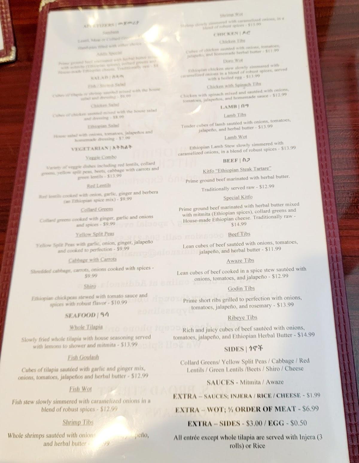 Menu at Addis Nola restaurant, New Orleans