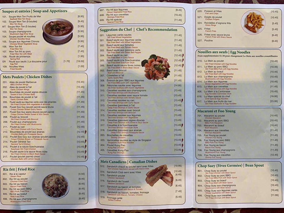 Menu at Lin City restaurant, Papineauville