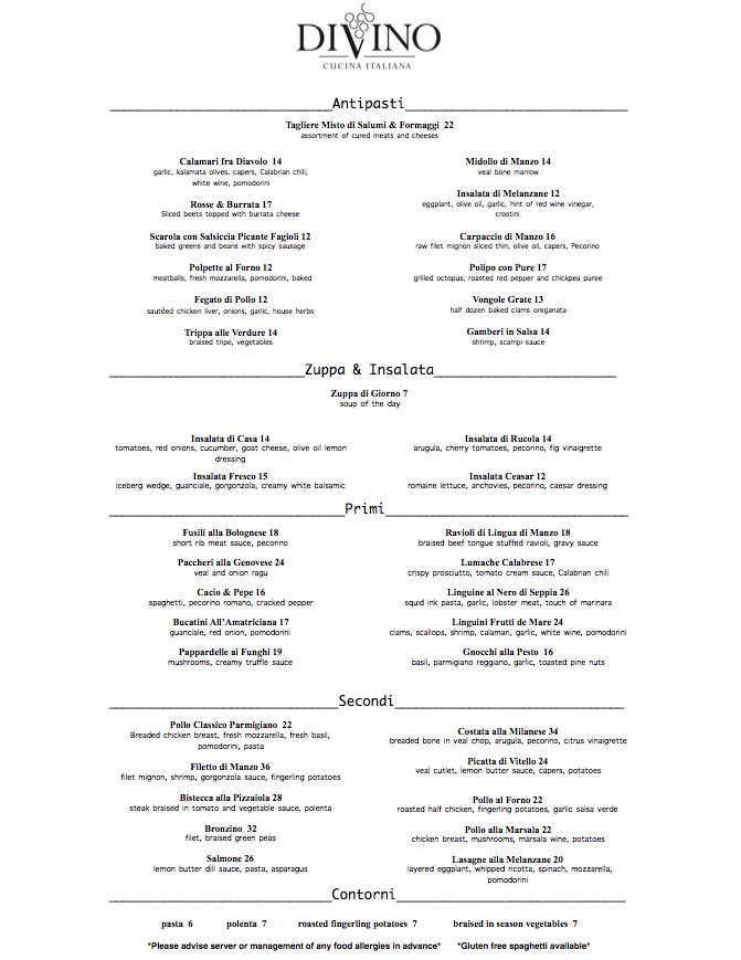 Menu at Divino Cucina Italiana pub & bar, Hastings-on-Hudson
