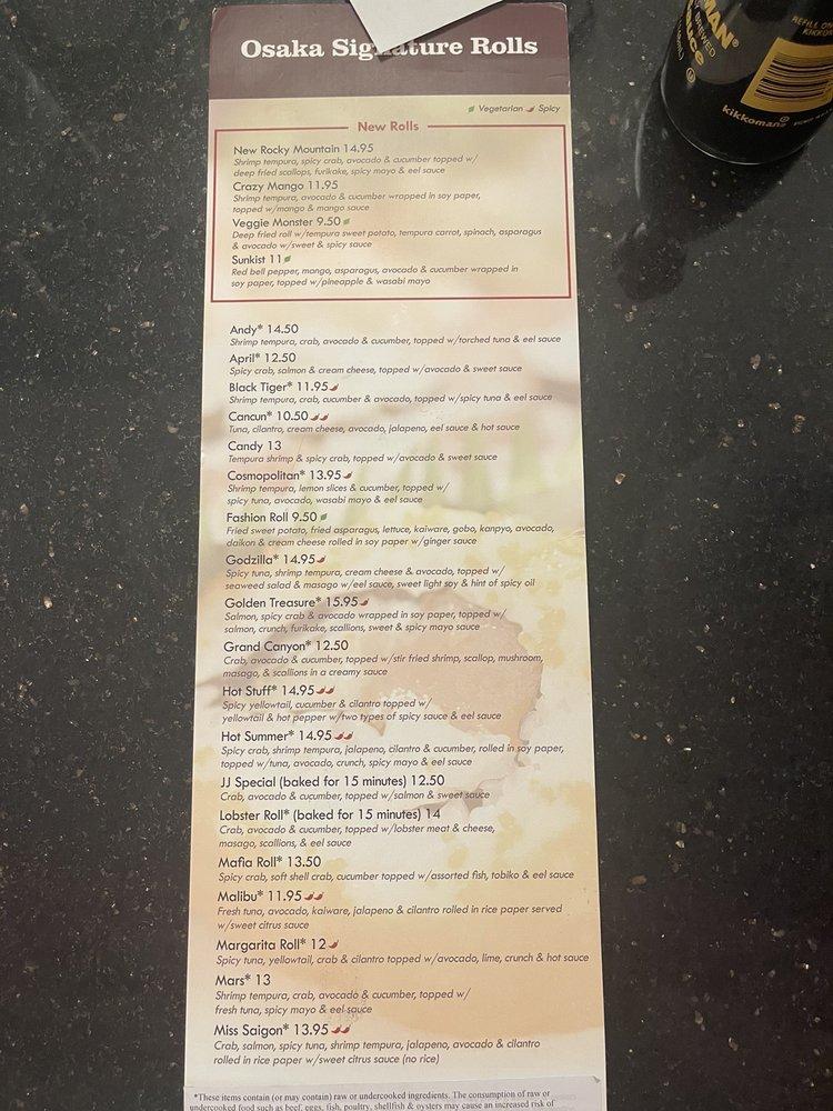 Menu at Osaka restaurant, Tooele