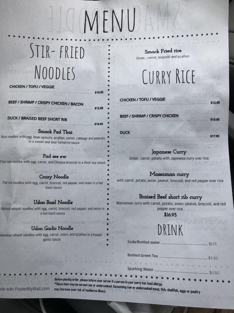 Menu at Smack Noodle restaurant, Maynard