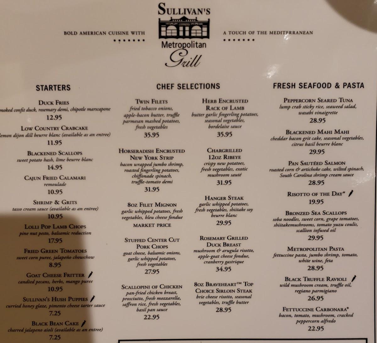 Menu at Sullivan's Metropolitan Grill pub & bar, Anderson