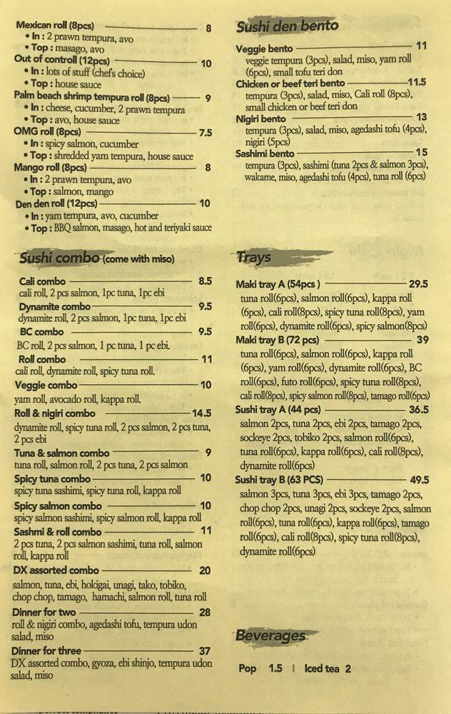 Menu at Sushi Den restaurant, Vancouver