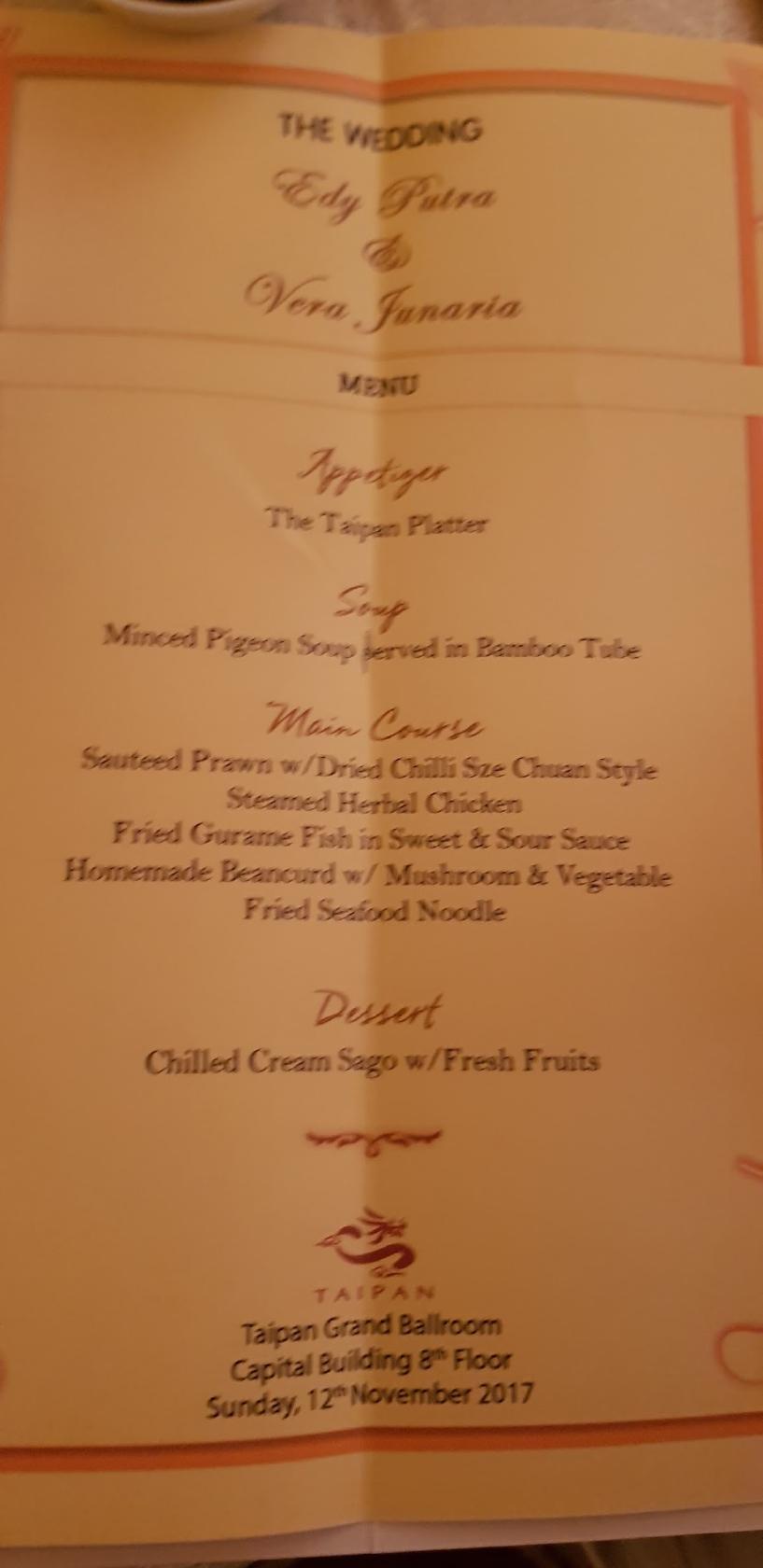 Menu at Taipan Restaurant, Medan, Capital Building
