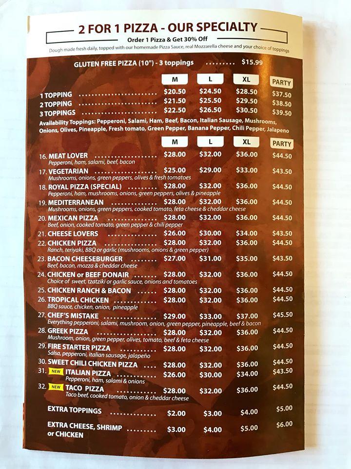 Menu at Terry's Royal Pizza pizzeria, Wainwright