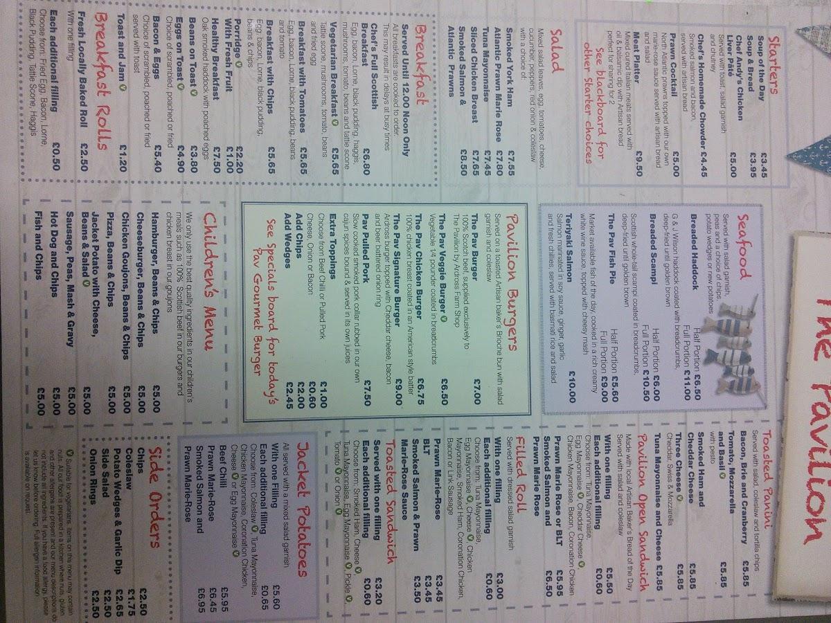 Menu at The Pavilion Cafe/Restaurant, Elie