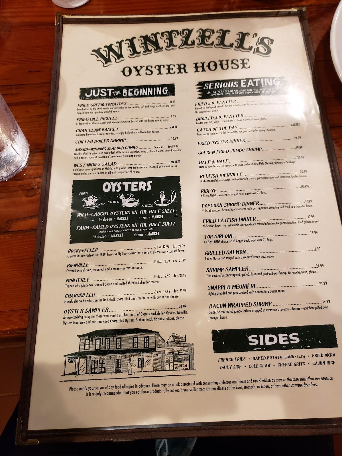 Menu at Wintzell's Oyster House restaurant, Mobile, 605 Dauphin St