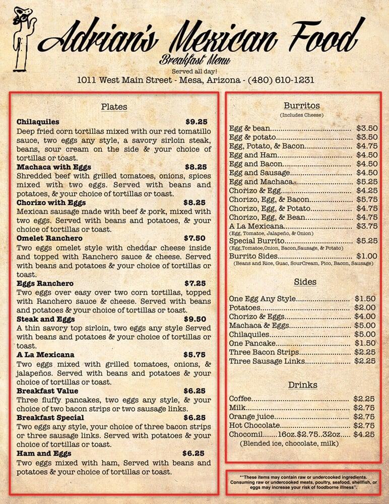 Menu at Adrian's #2 restaurant, Mesa