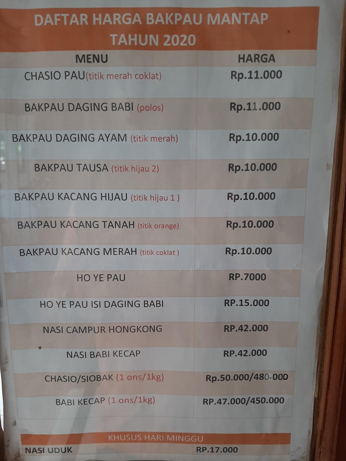Menu at Bak Pau Mantap restaurant, Malang