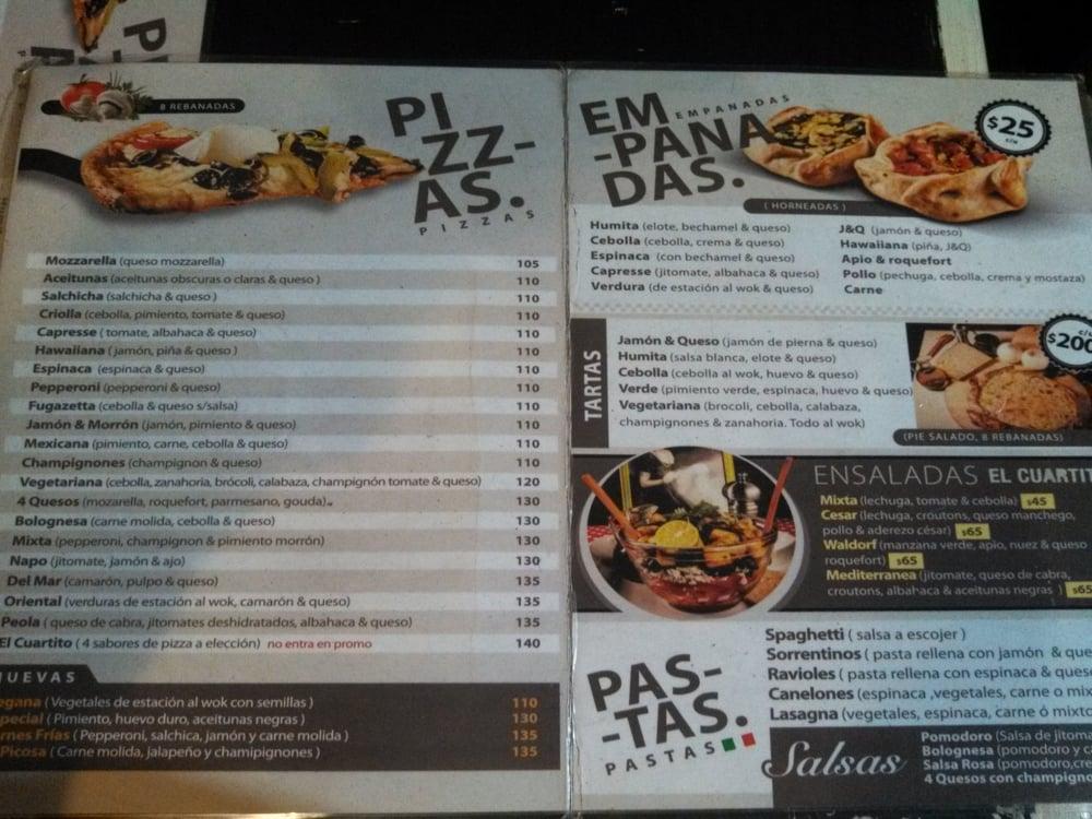 Carta de pizzería El Cuartito, Ciudad de México, Calle Monte Alban 175