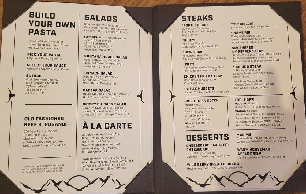 Menu at Montana's steakhouse, Lake Havasu City