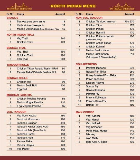 Menu at The Howrah Bridge Club, Mumbai