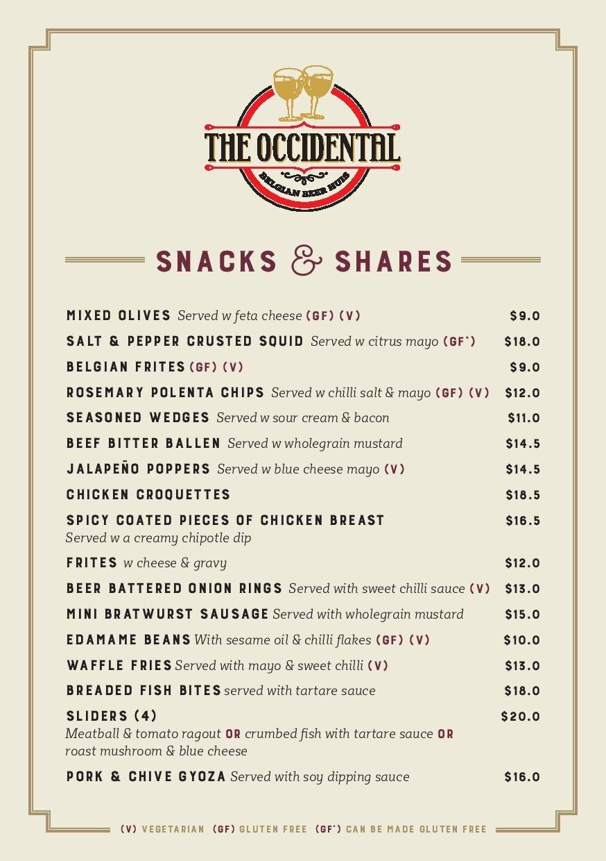 Menu at The Occidental pub & bar, Auckland