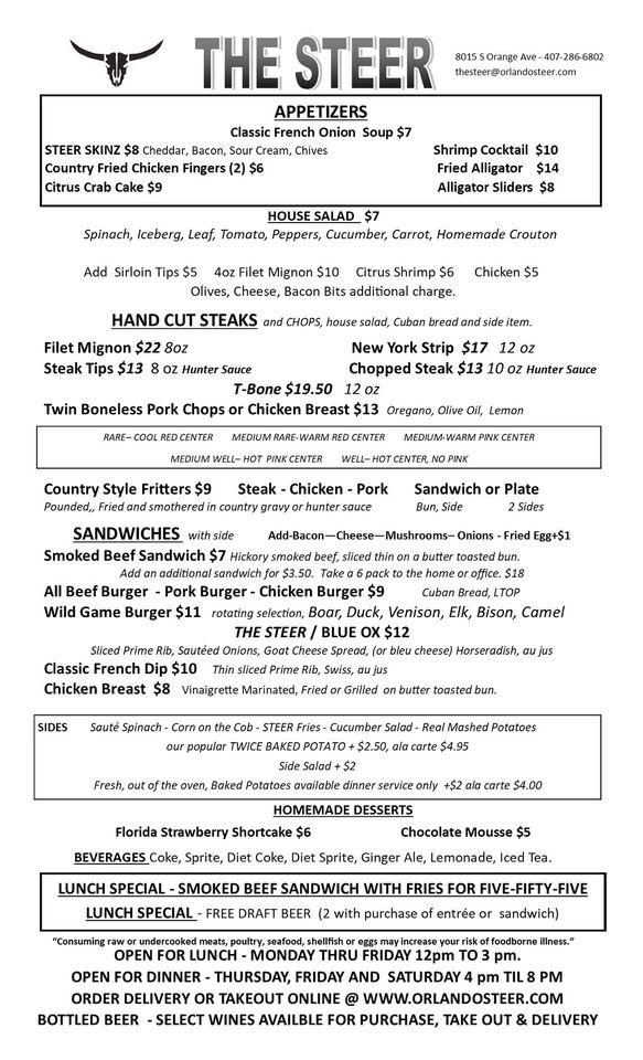 Menu at The Steer steakhouse, Orlando