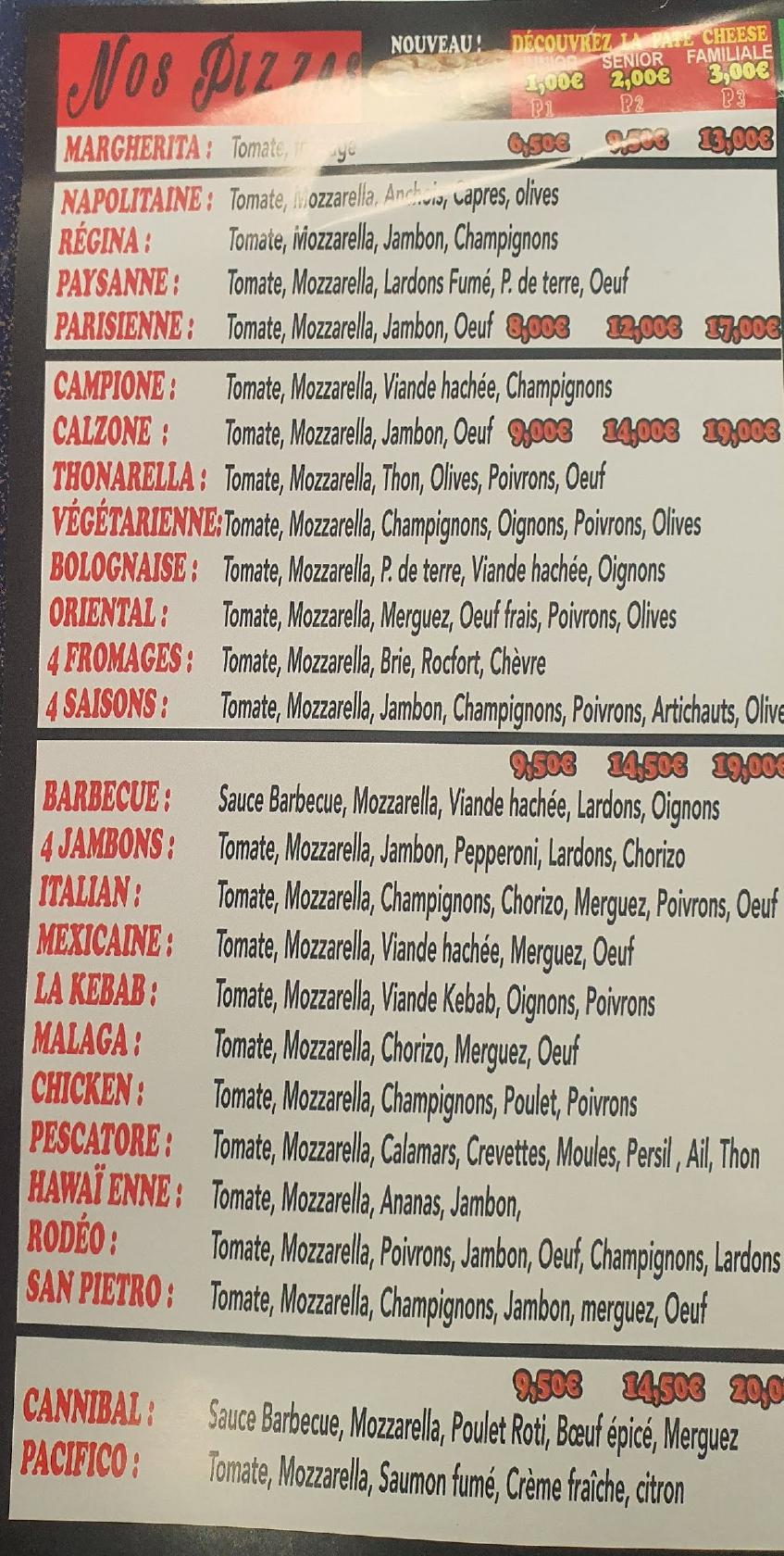 Menu at italian pizza restaurant, Beauchamp
