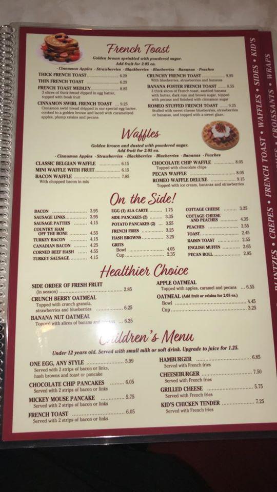 Menu at Cafe Romeo, Romeoville