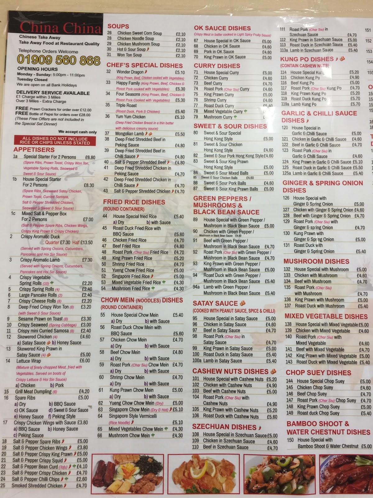 Menu at China China restaurant, South Anston