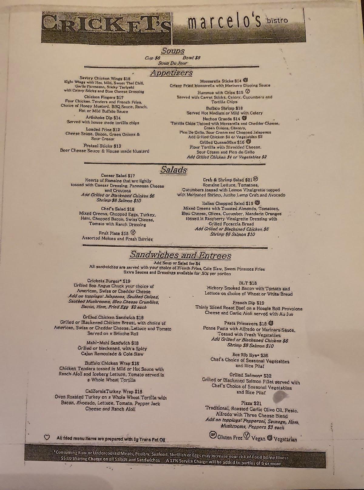 Menu at Crickets Bar & Grill, Orlando