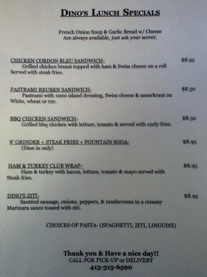 Menu at Dino's Pizza pizzeria, Holyoke