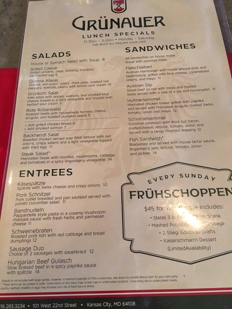 Menu at Grünauer pub & bar, Kansas City