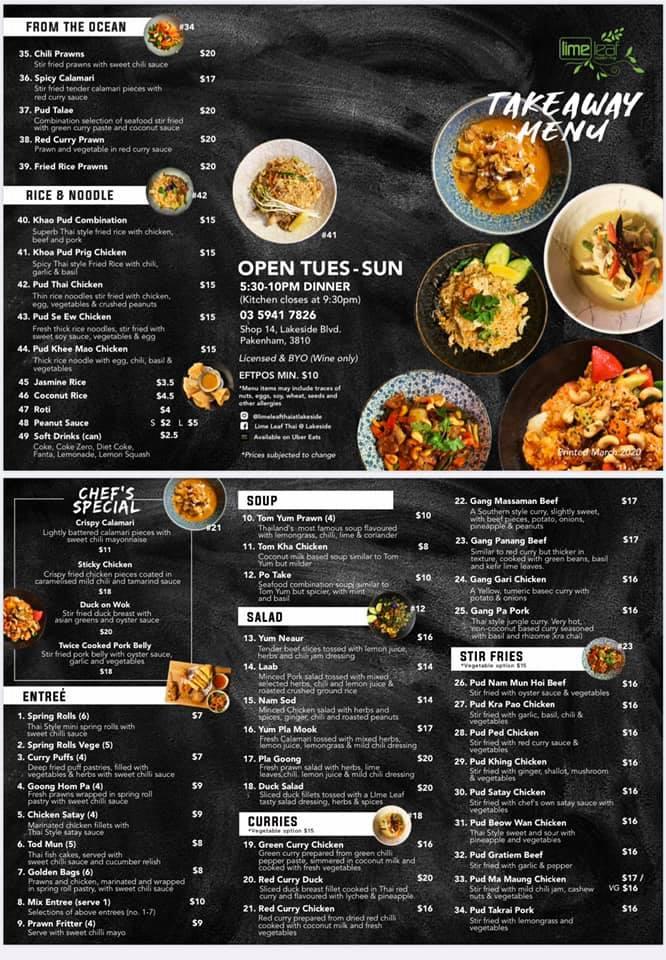 Menu at Lime Leaf Thai Restaurant, Pakenham