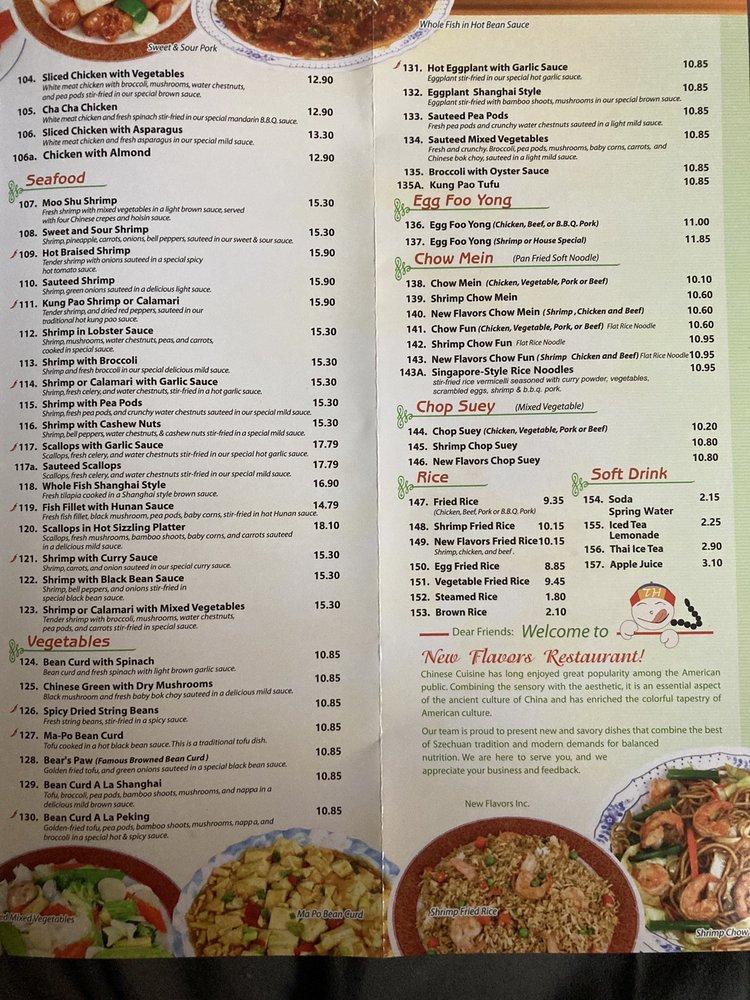 Menu at New Flavors restaurant, Los Angeles