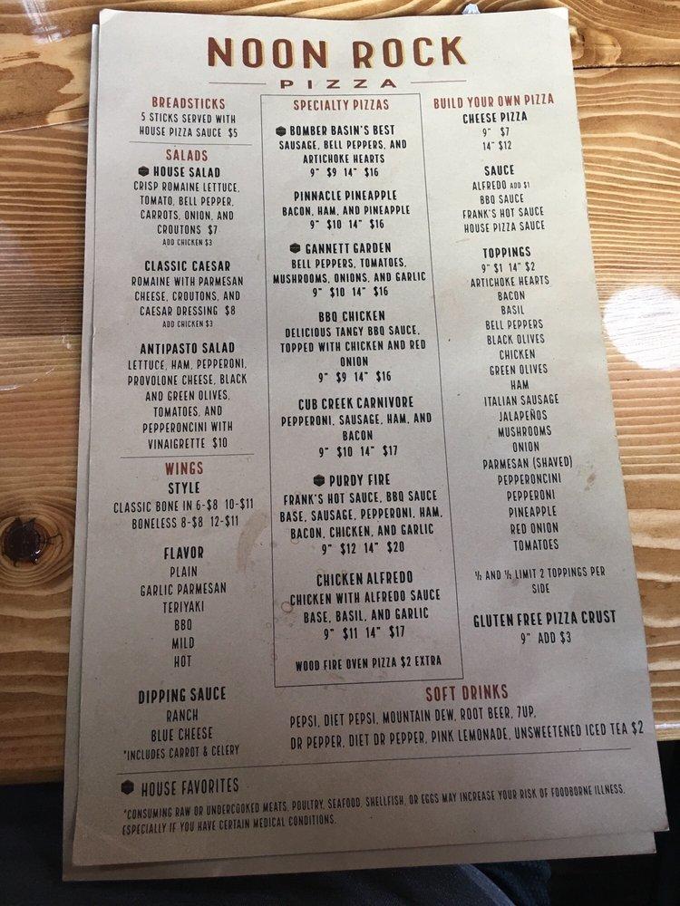 Menu at Noon Rock Pizza pizzeria, Dubois