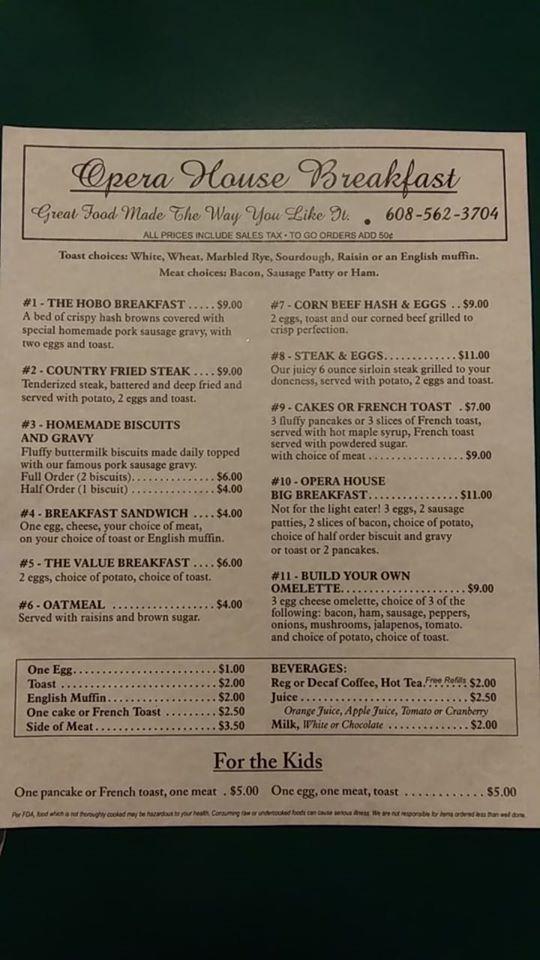 Carta de Opera House Bar & Grill, New Lisbon, 120 S Adams St