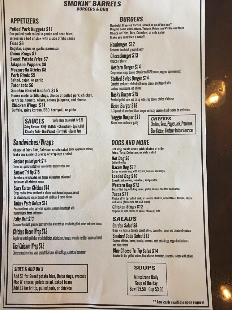 Menu at Smokin barrels burgers & bbq, Fortuna