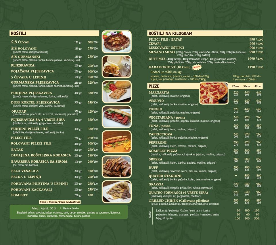 Menu at Stari Duff restaurant, Belgrade