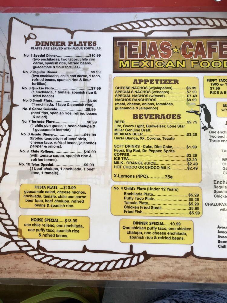 Menu at Tejas Cafe, San Antonio, O'Connor Rd