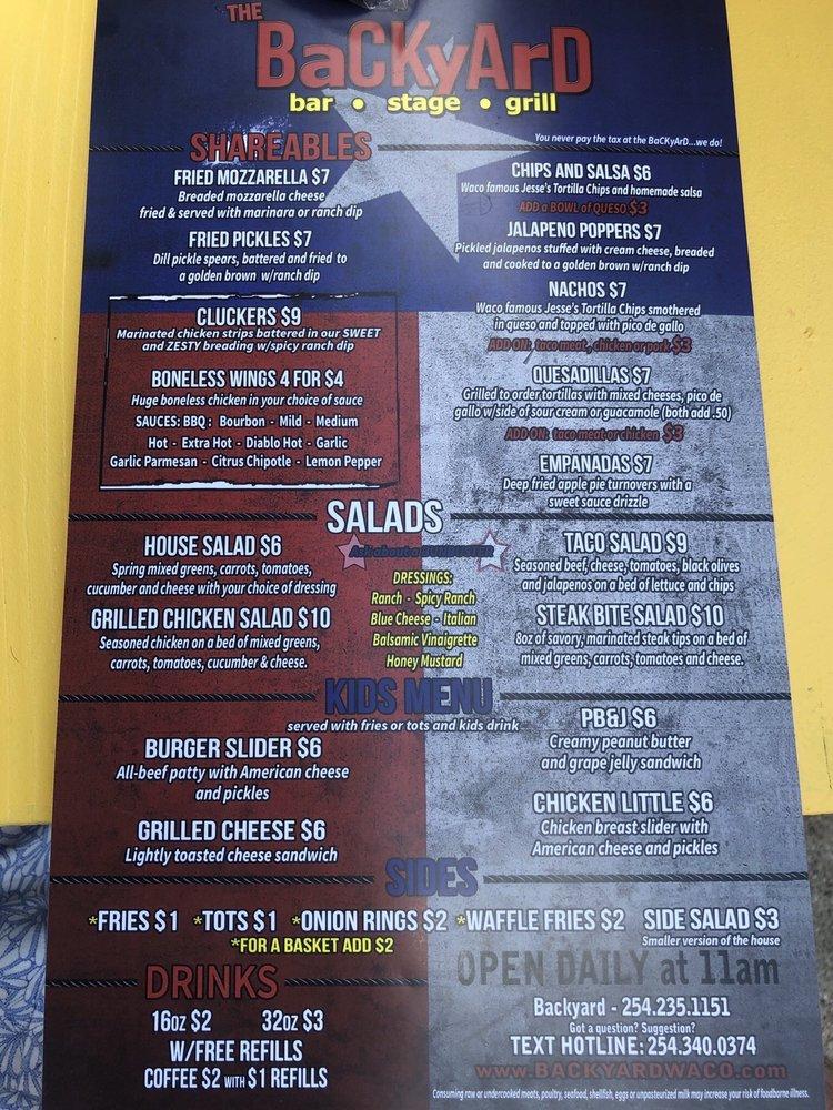 Carta de The Backyard Bar Stage and Grill, Waco