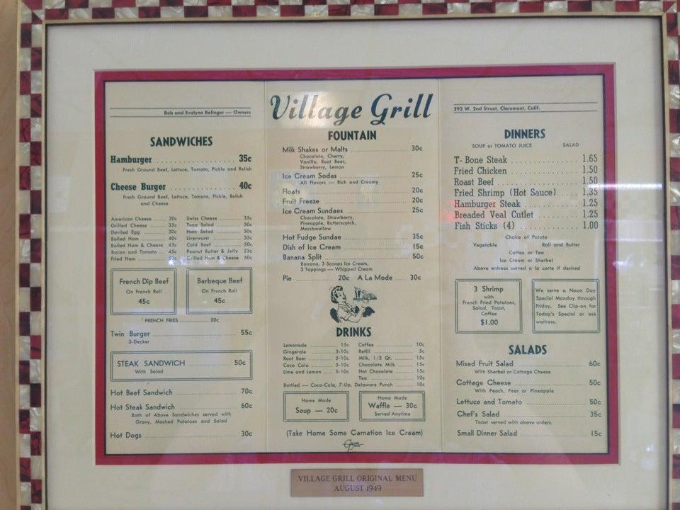 Menu at Village Grill restaurant, Claremont, 148 N Yale Ave