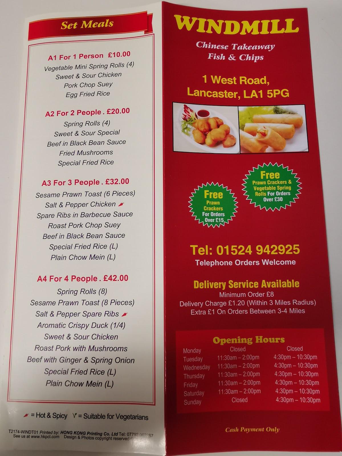 Menu at Windmill fast food, Lancaster