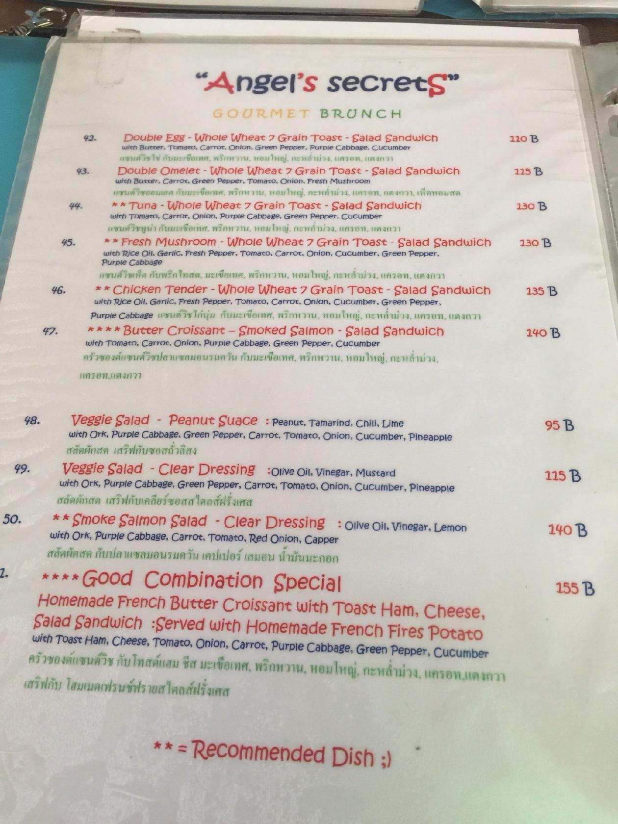 Menu at Angel's Secrets Cafe, Chiang Mai